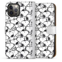 DeinDesign iPhone 12 Pro Max Handy Klapph&uuml;lle Handyh&uuml;lle aus Kunst Leder wei&szlig; Flip Case Peanuts Snoopy Muster Sideflip mit Lasche