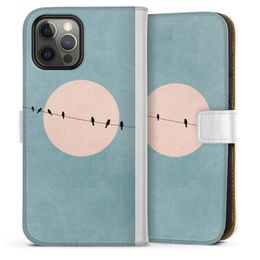 DeinDesign iPhone 12 Pro Max Handy Klapph&uuml;lle Handyh&uuml;lle aus Kunst Leder wei&szlig; Flip Case Bird Turquoise Moon Sideflip mit Lasche