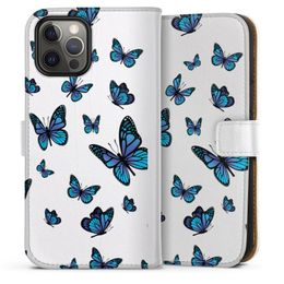 DeinDesign iPhone 12 Pro Max Handy Klapph&uuml;lle Handyh&uuml;lle aus Kunst Leder wei&szlig; Flip Case Transparent Butterfly Muster Sideflip mit Lasche