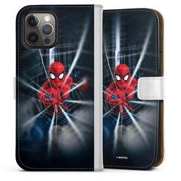 DeinDesign iPhone 12 Pro Max Handy Klapph&uuml;lle Handyh&uuml;lle aus Kunst Leder wei&szlig; Flip Case Kinofilm Marvel Spiderman Sideflip mit Lasche