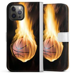 DeinDesign iPhone 12 Pro Max Handy Klapph&uuml;lle Handyh&uuml;lle aus Kunst Leder wei&szlig; Flip Case Sports Basketball Fire Sideflip mit Lasche