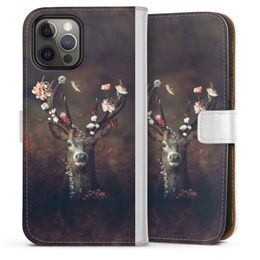 DeinDesign iPhone 12 Pro Max Handy Klapph&uuml;lle Handyh&uuml;lle aus Kunst Leder wei&szlig; Flip Case Reindeer Flowers Rehe Sideflip mit Lasche