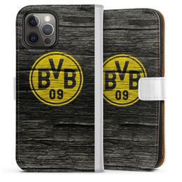 DeinDesign iPhone 12 Pro Max Handy Klapph&uuml;lle Handyh&uuml;lle aus Kunst Leder wei&szlig; Flip Case Wooden Look Bvb Borussia Dortmund Sideflip mit Lasche