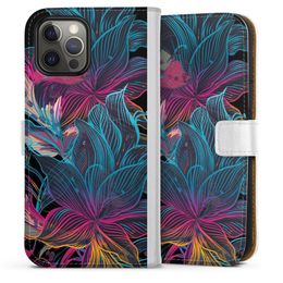DeinDesign iPhone 12 Pro Max Handy Klapph&uuml;lle Handyh&uuml;lle aus Kunst Leder wei&szlig; Flip Case Colourful Flowers Neon Sideflip mit Lasche