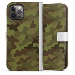 DeinDesign iPhone 12 Pro Max Handy Klapph&uuml;lle Handyh&uuml;lle aus Kunst Leder wei&szlig; Flip Case Camouflage Tarnmuster Army Sideflip mit Lasche