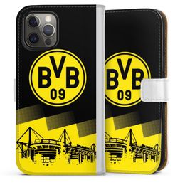 DeinDesign iPhone 12 Pro Max Handy Klapph&uuml;lle Handyh&uuml;lle aus Kunst Leder wei&szlig; Flip Case Borussia Dortmund Stadium Bvb Sideflip mit Lasche