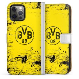 DeinDesign iPhone 12 Pro Max Handy Klapph&uuml;lle Handyh&uuml;lle aus Kunst Leder wei&szlig; Flip Case Bvb Official Licensed Product Borussia Dortmund Sideflip mit Lasche