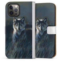 DeinDesign iPhone 12 Pro Max Handy Klapph&uuml;lle Handyh&uuml;lle aus Kunst Leder wei&szlig; Flip Case Wolf Painting Nature Sideflip mit Lasche