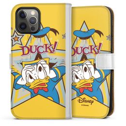 DeinDesign iPhone 12 Pro Max Handy Klapph&uuml;lle Handyh&uuml;lle aus Kunst Leder wei&szlig; Flip Case Donald Duck Disney Official Licensed Product Sideflip mit Lasche