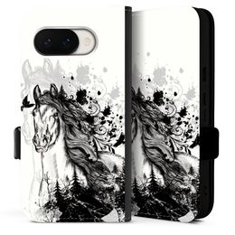 DeinDesign Google Pixel 9a Handy Klapph&uuml;lle Handyh&uuml;lle aus Kunst Leder schwarz Flip Case Horse Drawing Horseback Riding Sideflip mit Lasche