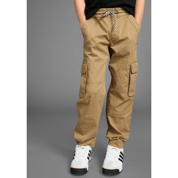 Kidsworld Jungen Cargohose "Pull-On Cargohose", beige, Gr. 128, unifarben, Twill, Obermaterial: 98% Baumwolle, 2% Elasthan, Hosen, mit modischem