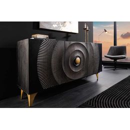 Riess Ambiente Handgearbeitetes Sideboard GOLDEN SUNSET 140cm schwarz mit 3D Schnitzereien gold Mangoholz Metallbeine Riess-Ambiente Glamour