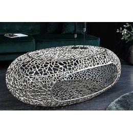 Riess Ambiente Handgearbeiteter Couchtisch ORGANIC 120cm silber Metall Blatt-Design mit Stauraum Riess-Ambiente Sofatisch Wohnzimmertisch oval Modern Orientalisch