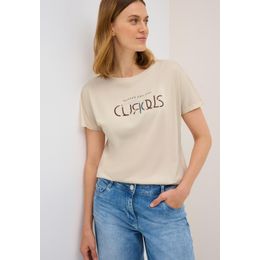 T-Shirt Cecil, Damen, Gr. XL (44), beige (light beige), Jersey, Obermaterial: 50% Baumwolle, 50% Modal, bedruckt, normal h&uuml;ftbedeckend, U-Boot-Ausschnitt, Shirts T-Shirt, mit Wording
