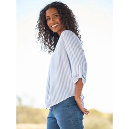Schlupfbluse Heine, Damen, Gr. 42, blau (himmelblau, ecru, gestreift), 100% Viskose, bedruckt, gemustert, mehrfarbig, V-Ausschnitt, Blusen Schlupfbluse