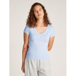 Tommy Jeans Damen Kurzarmshirt "TJW SLIM V-NECK TEE", blau, Gr. XS, unifarben, Single Jersey, Obermaterial: 100% Baumwolle, Shirts, mit Logo-Stickerei