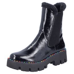 Rieker Damen Winterstiefelette, Gr. 43schwarz, Lacklederimitat, Textil, gl&auml;nzend, Schuhe, Plateauboots, Winterboots, Lack-Stiefelette mit buntem