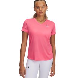 Trainingsshirt Under Armour "TECH SSV- SOLID", Damen, Gr. S, wei&szlig; (super pink,, wei&szlig;), Obermaterial: 100% Polyester, normal, V-Ausschnitt, Shirts, normale Schnittform, gerader Rumpfabschluss, V-Ausschnitt