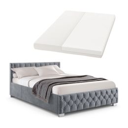 Juskys Polsterbett Nizza 120x200 cm &ndash; Matratze, Stauraum & LEDs - Samtbezug mit Steppung - Grau