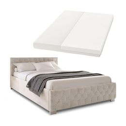 Juskys Polsterbett Nizza 120x200 cm - Matratze, Stauraum & LEDs - Samtbezug mit Steppung - Beige