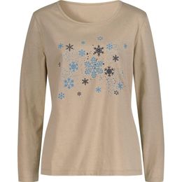 Damen Langarmshirt mit Schneeflocken-Druck beige-himmelblau, Gr&ouml;&szlig;e 54