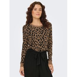 Only Damen Rundhalspullover "ONLVIENNA LS JQ LEO O-NECK CC KNT"toasted coconut pattern:melange, schwarz, Gr. S, animal-print, gemustert, Strick,