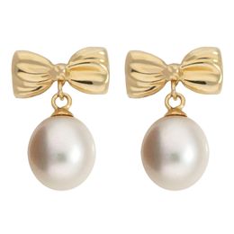 Firetti Damen Paar Ohrstecker "Schmuck Geschenk Gold 375 Ohrschmuck Ohrringe Schleife", 7mm, Gelbgold 375 Perlengelbgoldfarben, wei&szlig;, Gelbgold 375,