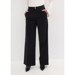 bonprix Wide-Leg Bundfalten-Hose mit Bequembund, schwarz, Gr.52, Mit hohem Bund, 98% Baumwolle (organic)
