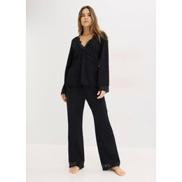 bonprix Pyjama mit Spitzenbesatz, schwarz, Gr.56/58 (3XL), Femininer Pyjama mit V-Ausschnitt und Spitze am Ausschnitt, &Auml;rmel-und Hosensaum, 95% Baumwolle