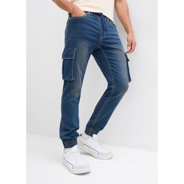 bonprix Slim-Fit Cargo-Jeans-Jogger mit Dehnbund Straight, blau, Gr.64, Cool gewaschene Schlupf-Sweat-Jeans mit Cargotaschen, 73% Baumwolle