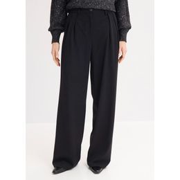 bonprix Marlenehose mit elastischem Bund, schwarz, Gr.44, Elegante Bundfaltenhose mit elastischem Bund und einem dekorativen G&uuml;rtel mit Metalltrense und geradem, weitem Bein