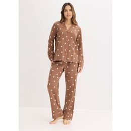 bonprix Pyjama aus weicher Baumwolle, braun, Gr.56/58 (3XL), Gem&uuml;tlicher Pyjama mit Punkten und modischen Kontrastpiping, aus 100% Baumwolle