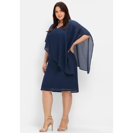 Cocktailkleid sheego "Cocktailkleid", Damen, Gr. 48, Normalgr&ouml;&szlig;en, blau (marine), 100% Polyester, unifarben, knielang, V-Ausschnitt, Kleider