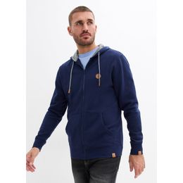 bonprix Kapuzen-Sweatjacke aus reiner Bio-Baumwolle, blau, Gr.60/62 (XXL), Cooler Zip-Hoodie in Regular Fit mit Kapuze und markanten Kordeln, aus 100% Baumwolle