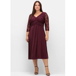 Abendkleid sheego "Abendkleid", Damen, Gr. 58, Normalgr&ouml;&szlig;en, rot (burgund), 95% Polyester, 5% Elasthan, unifarben, wadenlang, V-Ausschnitt, Kleider Abendkleid