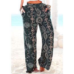 Strandhose Lascana, Damen, Gr. 34, N-Gr, schwarz (schwarz, bedruckt), Jersey, Obermaterial: 100% Viskose, bedruckt, figurumspielend lang, Hosen Strandhose, mit Ethnoprint und Taschen, Wide-Leg, Marlenehose, Topseller