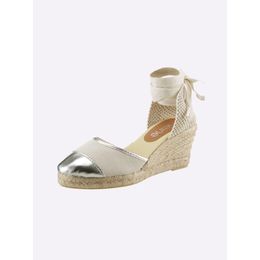 Keilsandalette Heine, Damen, Gr. 42, beige (beige, silberfarben), Textil, Schuhe Keilsandalette