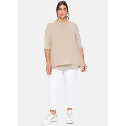 Blusenshirt sheego "Blusenshirt", Damen, Gr. 56/58, beige, 95% Viskose, 5% Elasthan, Webware:100% Polyester, unifarben, Rundhals, Shirts Blusenshirt