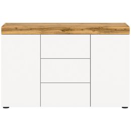 Mid.you Sideboard Sugar, Wei&szlig;, Eiche Wotan, Holzwerkstoff, 2 F&auml;cher, 3 Schublade(n) Schubladen, 125x80x37 cm, FSC Mix, Wohnzimmer, Kommoden & Sideboards, Sideboards