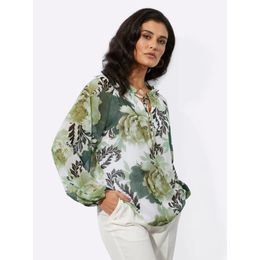 CR&Eacute;ATION L Druckbluse CREATION L, Damen, Gr. 38, beige (champagner, lindgr&uuml;n, bedruckt), 100% Polyester, gebl&uuml;mt, gemustert, mehrfarbig, Rundhals, Blusen Druckbluse