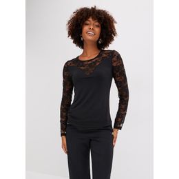 bonprix Langarmshirt mit Spitze, schwarz
