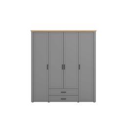 Kleiderschrank Home Affaire "Valencia, komplette Innenausstattung und 2 Schubladen, 190cm breit", grau (grau matt), B:190cm H:210cm T:58cm, MDF, Spanplatte, Schr&auml;nke, Kleiderschrank, Schlafzimmerschrank mit Landhaus Kasettenoptik und schwarzen Griffen