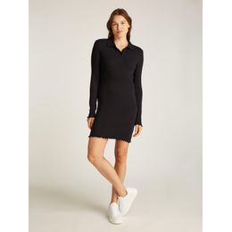Polokleid Tommy Jeans "TJW LS SCALLOP RIB POLO DRESS", Damen, Gr. L (40), N-Gr, schwarz, Rippware, Obermaterial: 95% Baumwolle, 5% Elasthan, unifarben, figurbetont mini, Rollkante, Kleider, in Mini-L&auml;nge