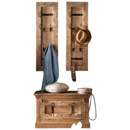 Garderoben-Set Sit, beige (natur), 1 Schuhschrank, 2 Garderobenpaneele, Massivholz, Kastenm&ouml;bel-Sets, Front mit aufw&auml;ndigen Schnitzereien, Ringgriffe & Beschl&auml;ge aus Metall