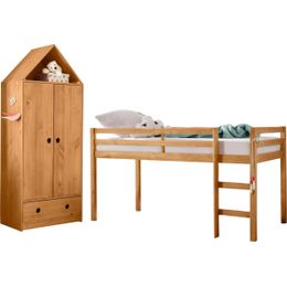 Jugendzimmer-Set OTTO HOME "Alpi", beige (gebeizt, gewachst), Schlafzimmerm&ouml;bel-Sets, Hochbett und Kleiderschrank in Hausoptik, perfekt f&uuml;r kleine R&auml;ume