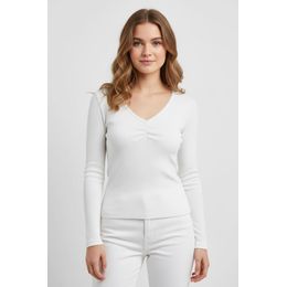 Langarmshirt Only "ONLBETTY LIFE L/S SCALLOP V-NECK CC JRS", Damen, Gr. L, cloud dancer, Jersey, Obermaterial: 95% Baumwolle, 5% Elasthan, unifarben, h&uuml;ftlang, V-Ausschnitt, Shirts Langarmshirt, mit Raffung am Ausschnitt