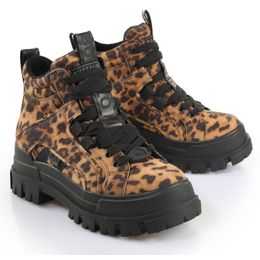 Schn&uuml;rboots Buffalo "ASPHA NC MID", Damen, Gr. 38, braun (braun, leo), Velourslederimitat, Schuhe Schn&uuml;rboots, Trendboots, Stiefelette, Plateauboots im Leo-Look