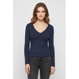 Langarmshirt Only "ONLBETTY LIFE L/S SCALLOP V-NECK CC JRS", Damen, Gr. M, navy blazer, Jersey, Obermaterial: 95% Baumwolle, 5% Elasthan, unifarben, h&uuml;ftlang, V-Ausschnitt, Shirts Langarmshirt, mit Raffung am Ausschnitt