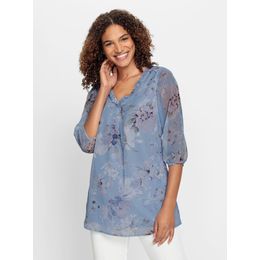 Druckbluse Lady, Damen, Gr. 46, blau (bleu, bedruckt), 100% Polyester, gebl&uuml;mt, gemustert, mehrfarbig, V-Ausschnitt, Blusen Druckbluse