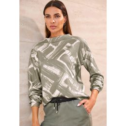Langarmshirt Heine "Druck-Shirt", Damen, Gr. 34, gr&uuml;n (khaki, sand, bedruckt), 95% Polyester, 5% Elasthan, bedruckt, gemustert, gestreift, Shirts Langarmshirt